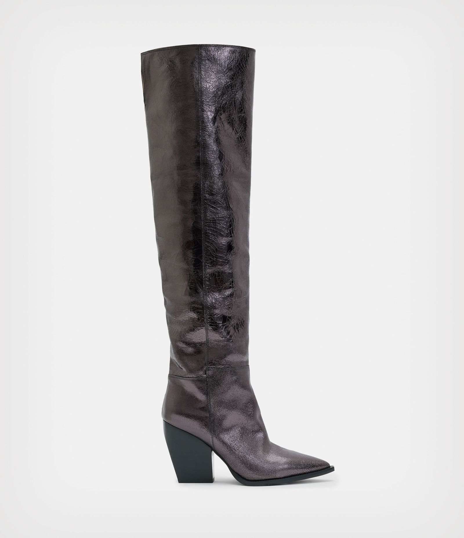 ALLSAINTS Reina Leather Crinkle Boots in Gunmetal Grey | Endource