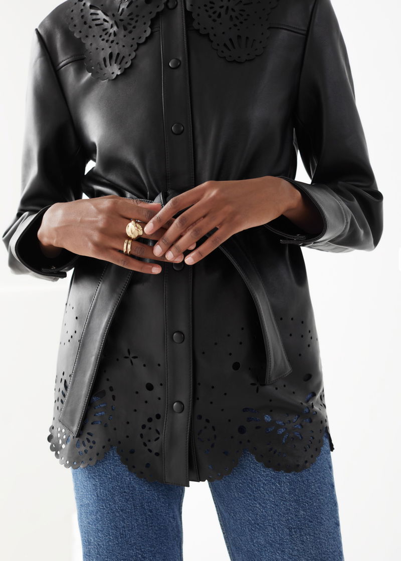 & OTHER STORIES Belted Laser Cut Leather Jacket in Black | endource