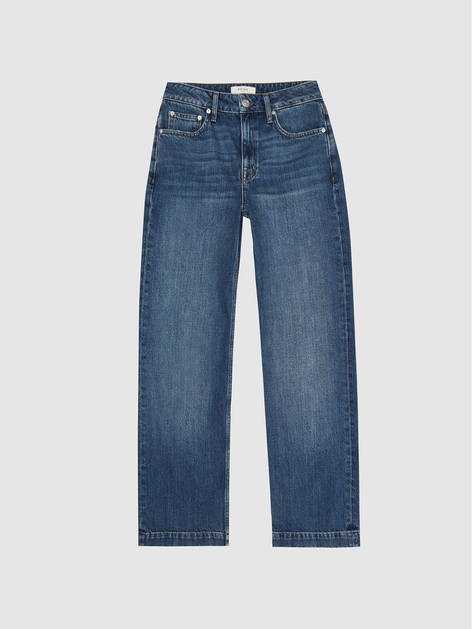 REISS Adele Mid Rise Relaxed Wide Leg Jeans in Mid Blue | endource
