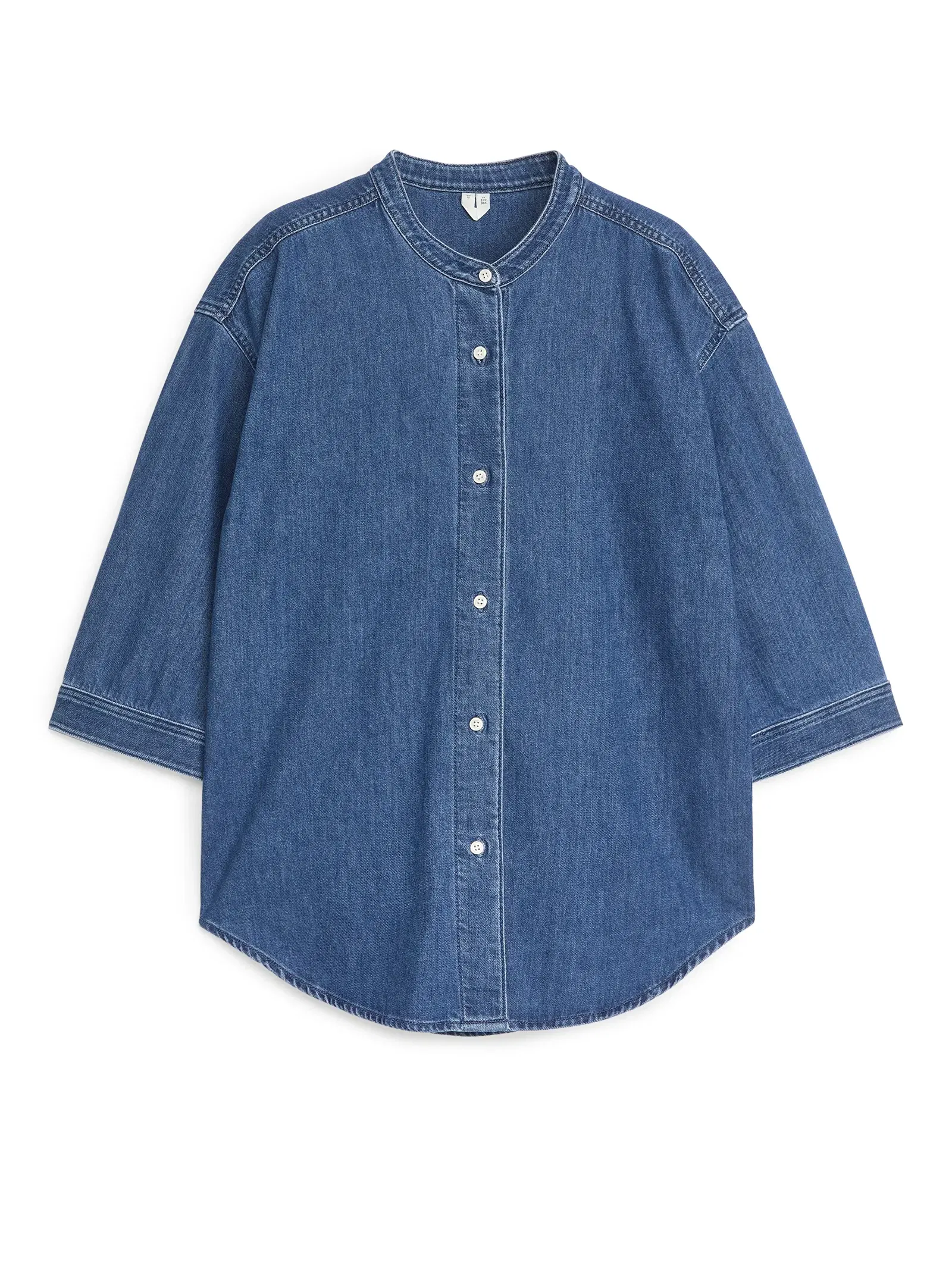 ARKET Collarless Denim Shirt in Washed Blue | endource