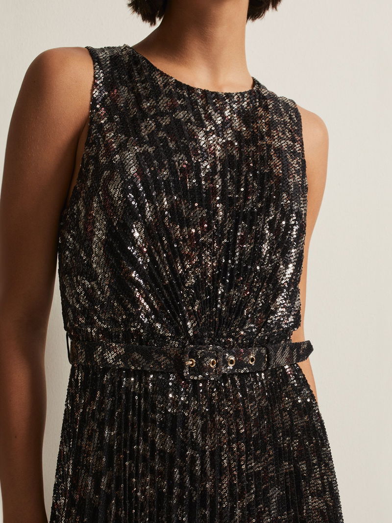 Phase Eight Simara Leopard Sequin Pleated Midi Dress | Endource