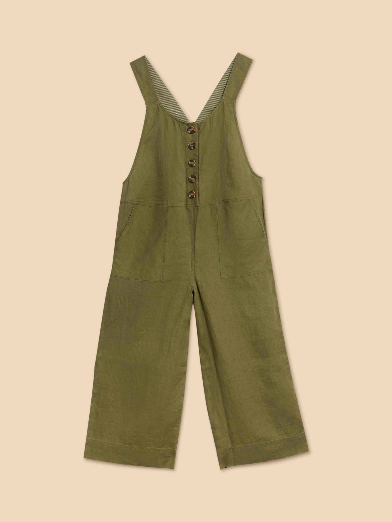 WHITE STUFF Viola Linen Cropped Dungarees in Khaki Green | endource