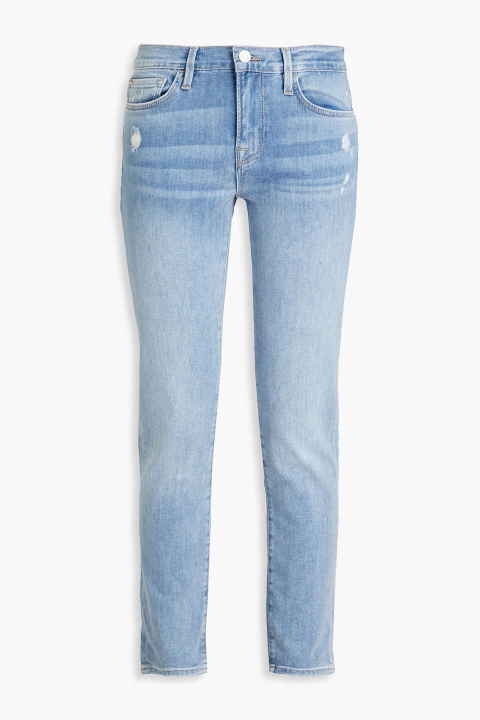 FRAME Le Garcon Distressed Slim-Leg Jeans in Blue | endource