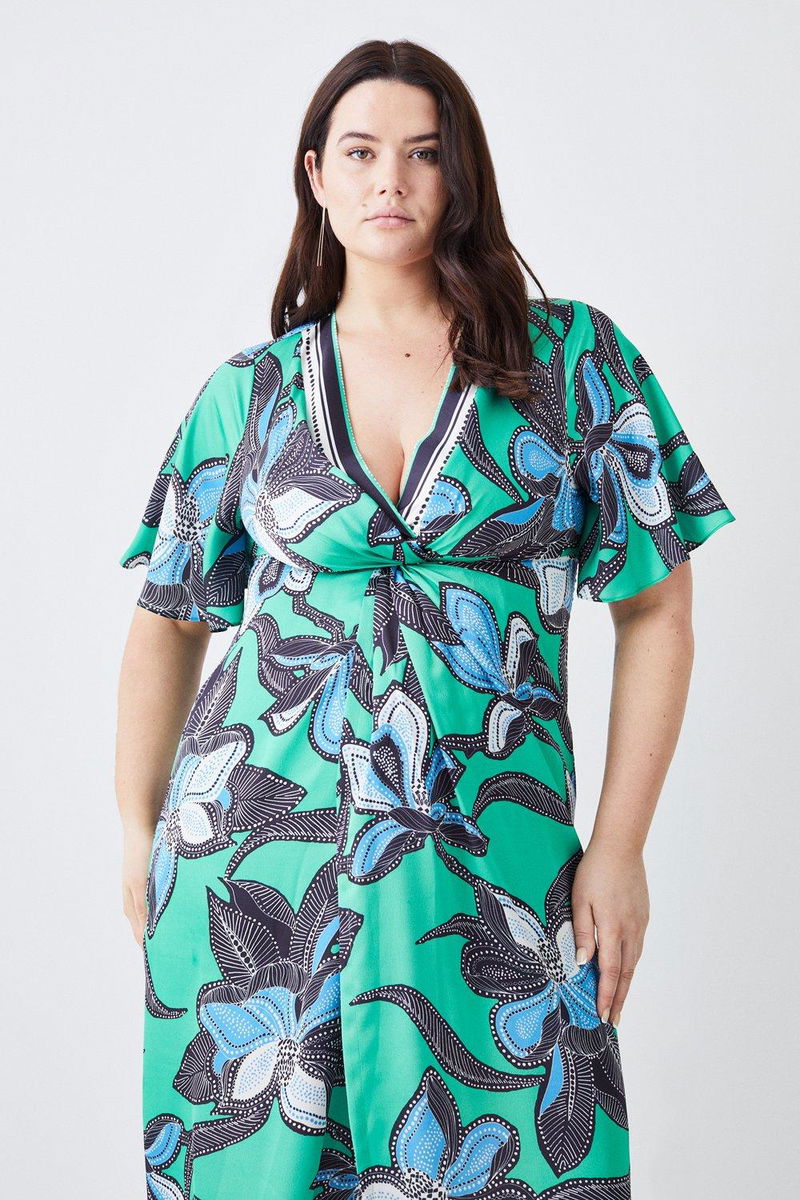 KAREN MILLEN Plus Size Batik Floral Twist Midi Dress in Green | Endource