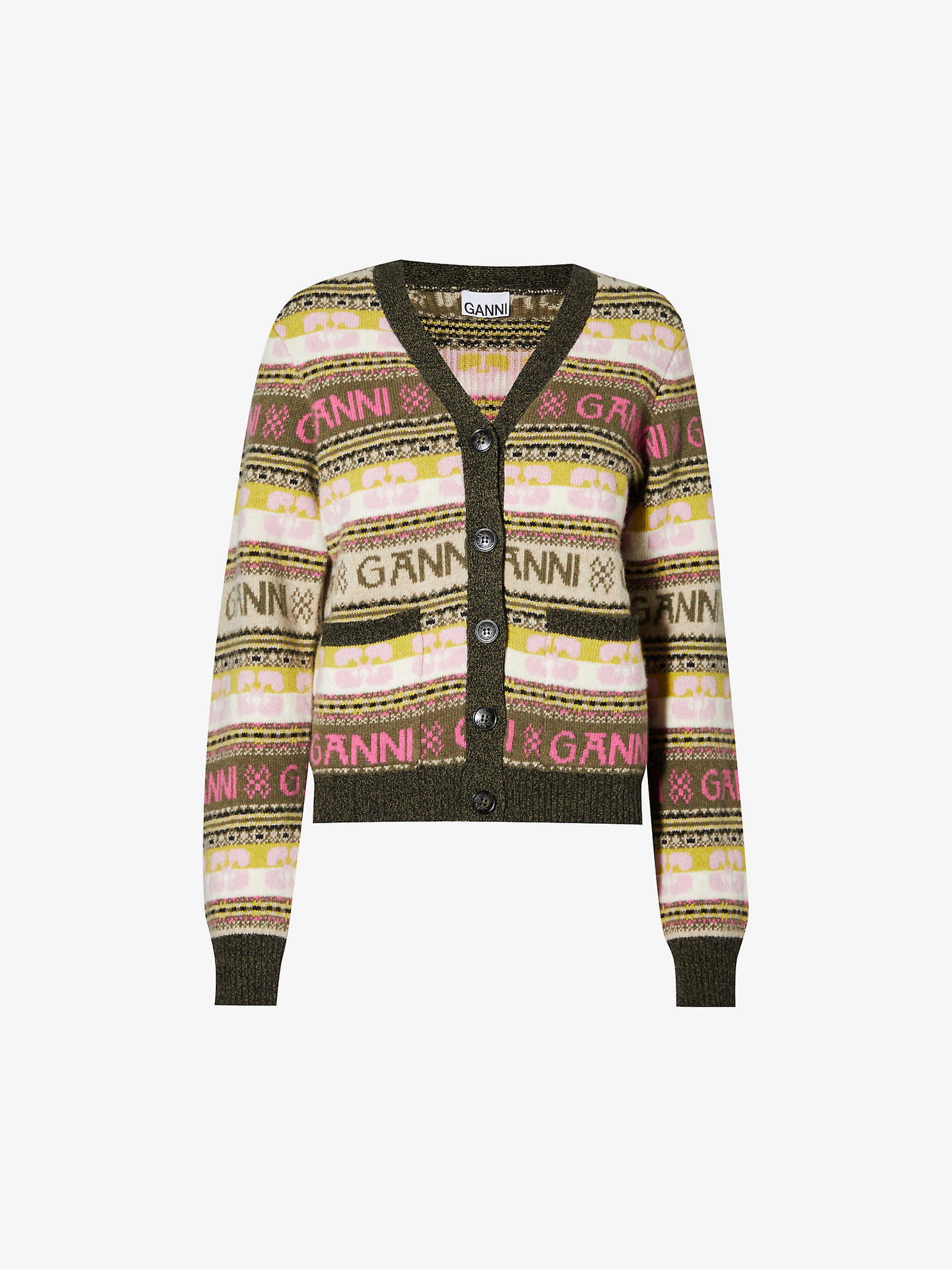 GANNI Logo-Intarsia Wool Cardigan in KALAMATA | endource