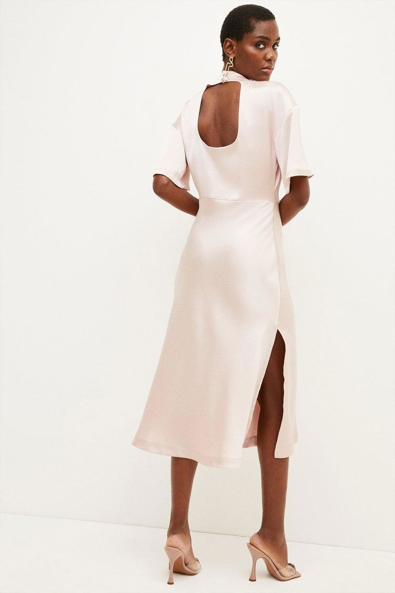 Karen Millen Satin Cowl Neck Woven Midi Dress In Champagne Endource