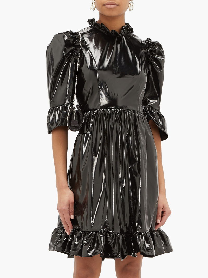BATSHEVA Spring Ruffled PVC Mini Dress in Black | Endource