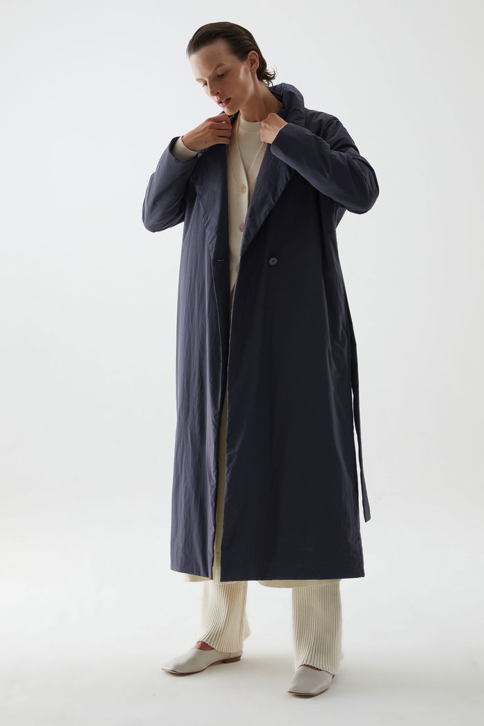 COS Recycled Nylon Padded Oversized Belted Coat in Navy | Endource