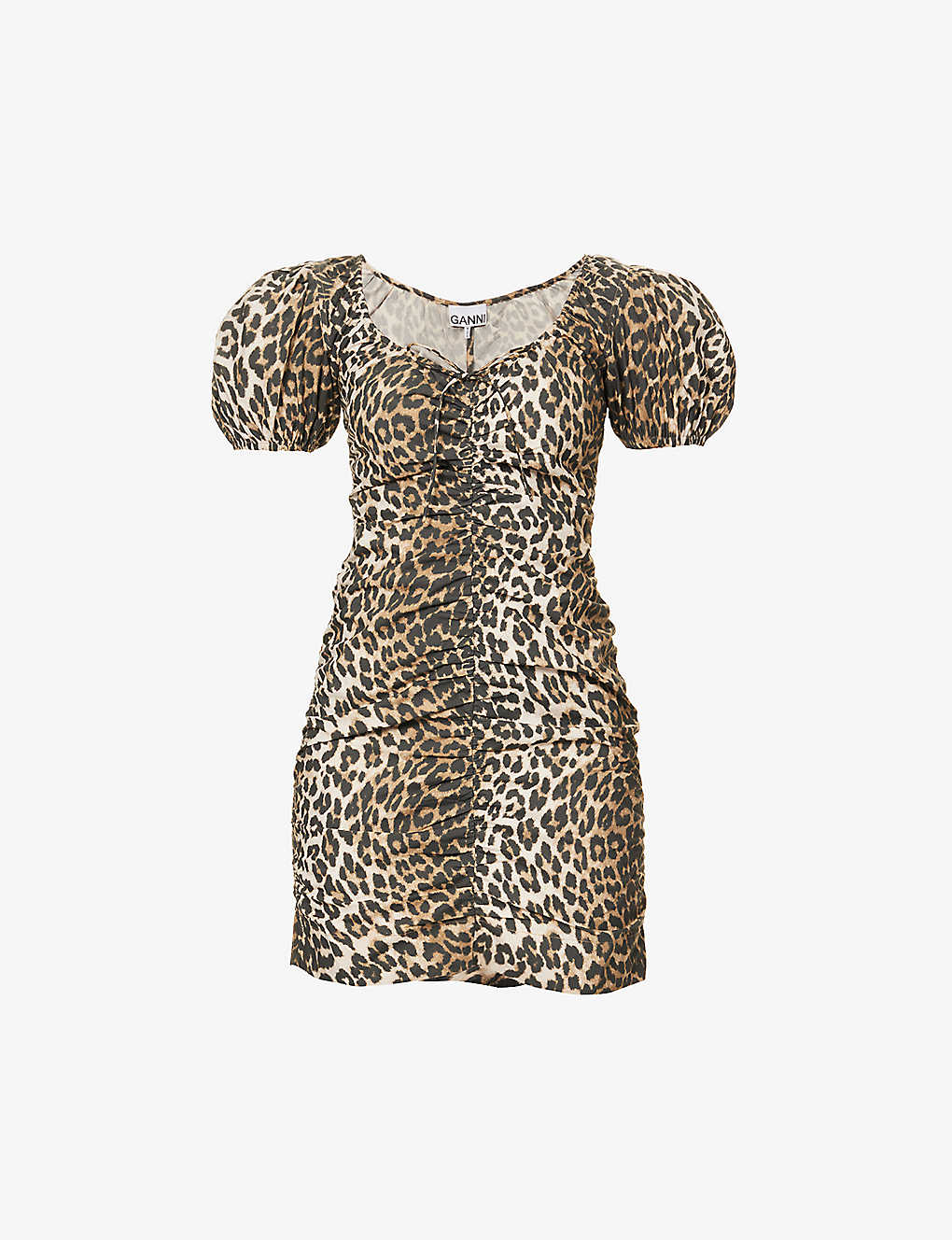 GANNI Leopard-Print Puff-Sleeve Mini Dress in BIGLEOPARDALMONDMILK ...