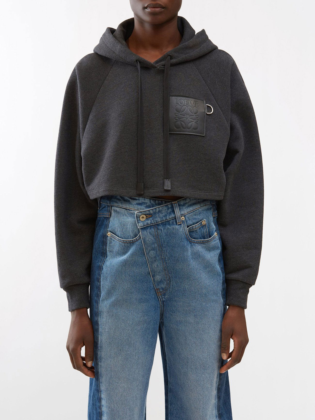 LOEWE Logo-Patch Cropped Jersey Hoodie in Grey | Endource