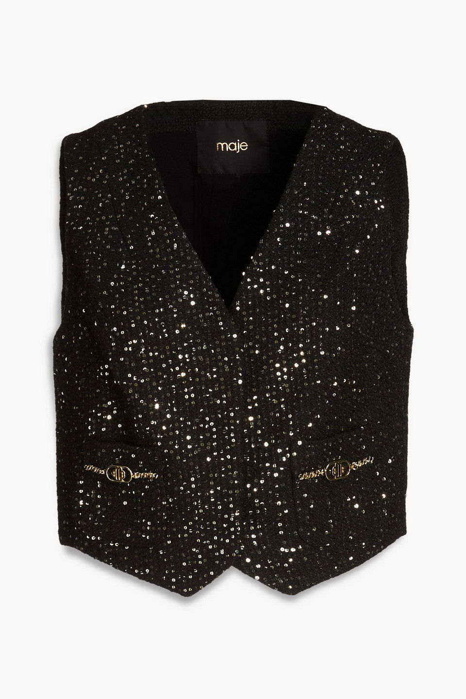MAJE Embellished Tweed Vest in Black | Endource