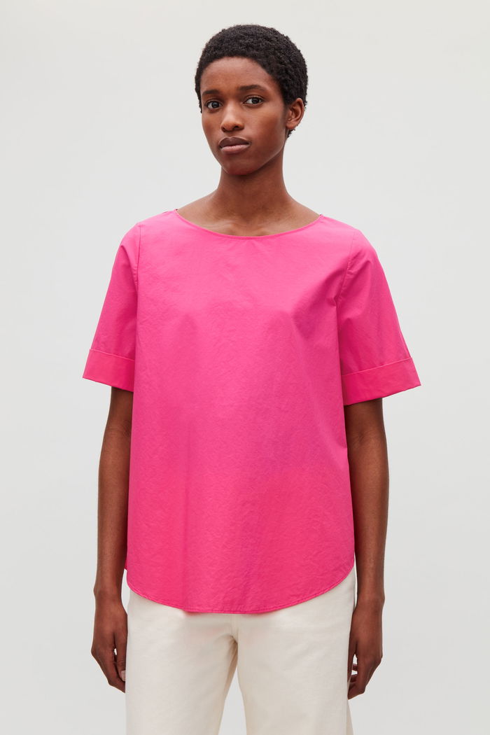 COS Roll Sleeves Cotton Top in Neon pink | endource