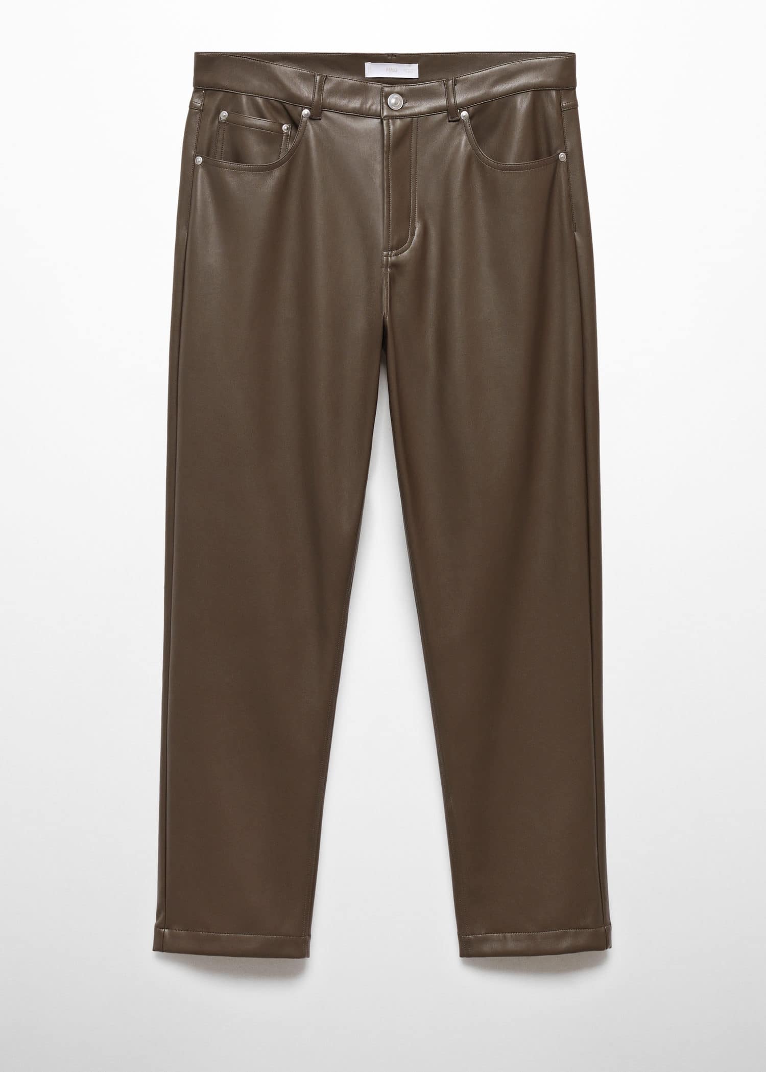 MANGO Leather Effect Slim Fit Pants in Khaki | endource