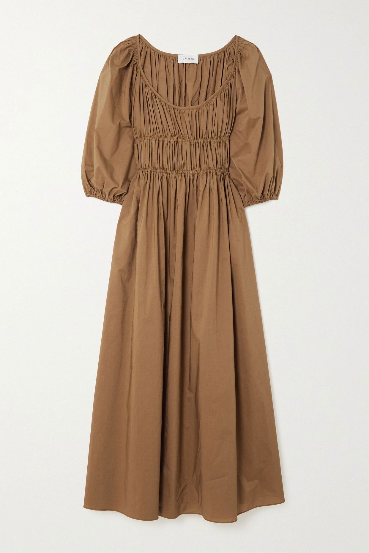 MATTEAU Shirred Organic Cotton-Poplin Midi Dress in Brown | endource