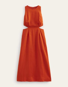 BODEN Cut Out Linen Midi Dress in Rust | Endource
