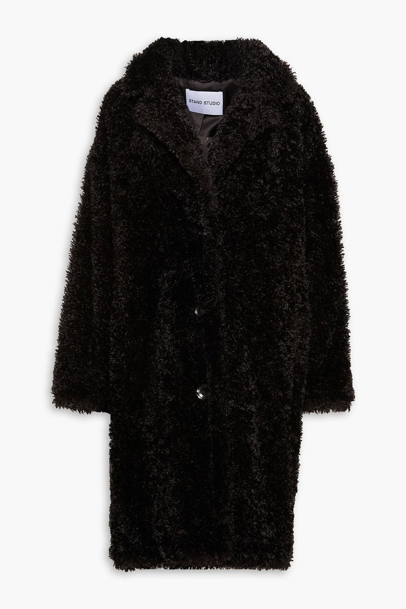 STAND STUDIO Anika Oversized Faux Shearling Coat in Black | Endource