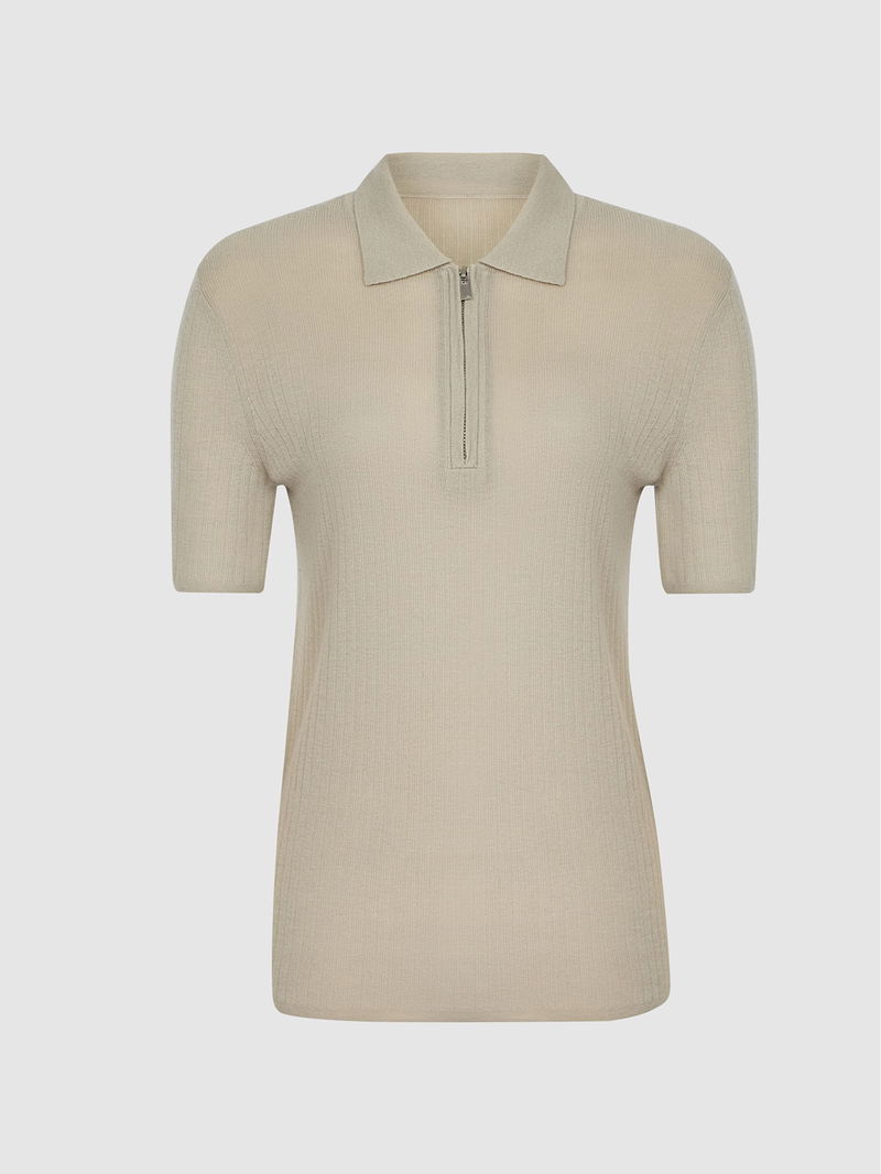 REISS Kelly Ribbed Zip Neck Polo Shirt in Light Sage | endource