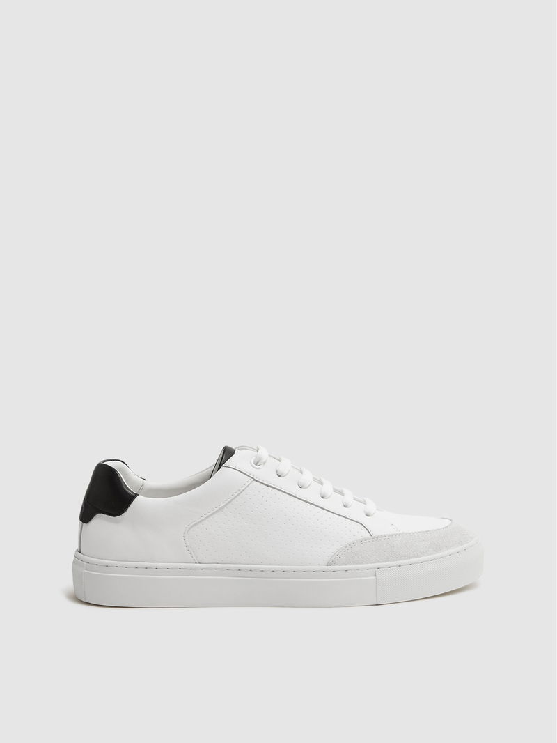 REISS Ashley Perf Leather Trainers in White/Black | Endource