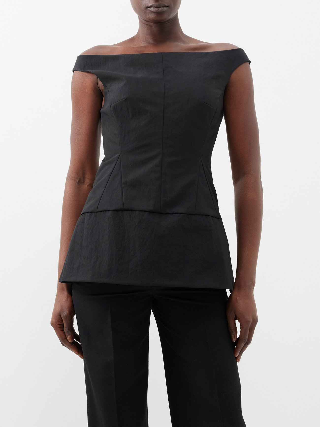 TIBI Schema Off-The-Shoulder Poplin Top in Black | Endource