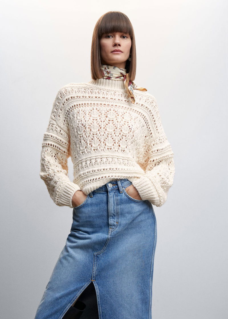 MANGO Openwork Sweater Perkins Collar in Ecru | Endource