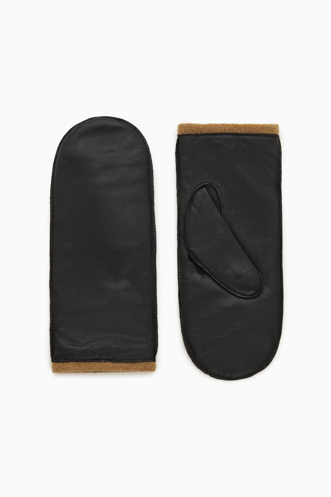 COS Cashmere-Lined Leather Mittens in BLACK / CAMEL | endource
