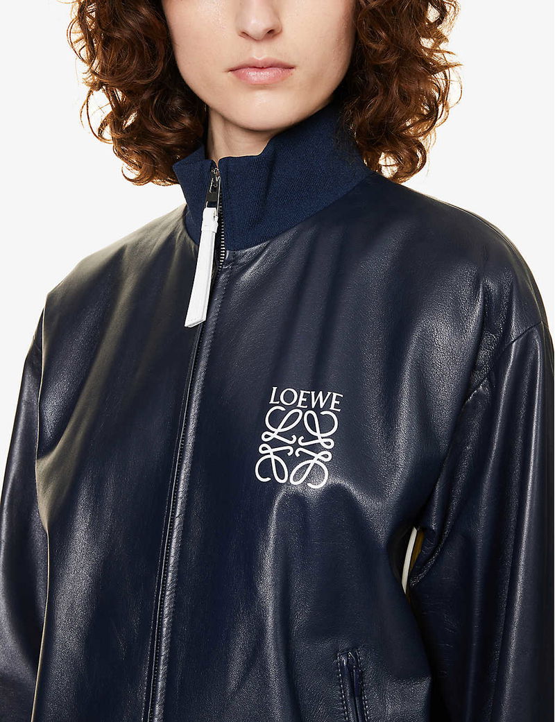 LOEWE Logo-Print High-Neck Leather Jacket in NAVYYELLOW | Endource