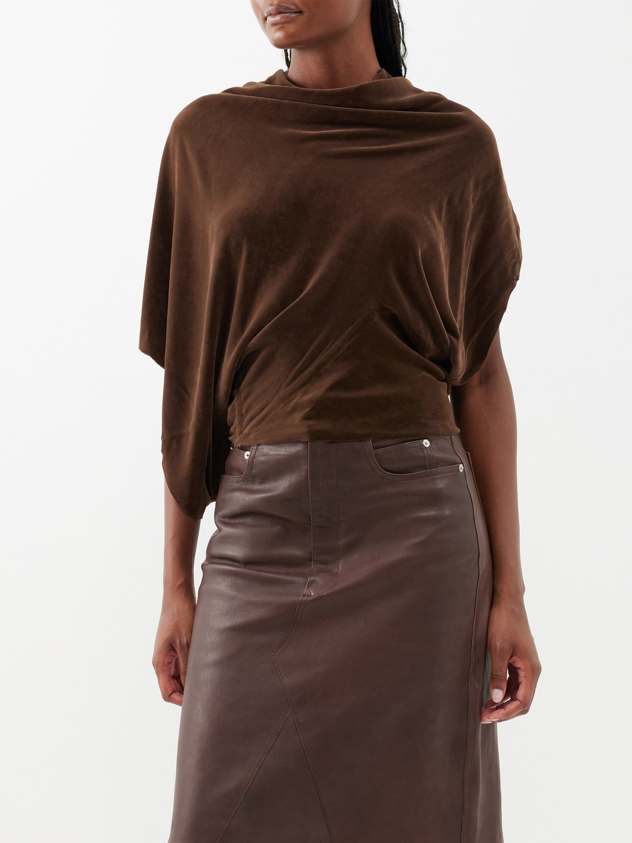 RICK OWENS Seb Cowl-Neck Velvet Top in Brown | endource