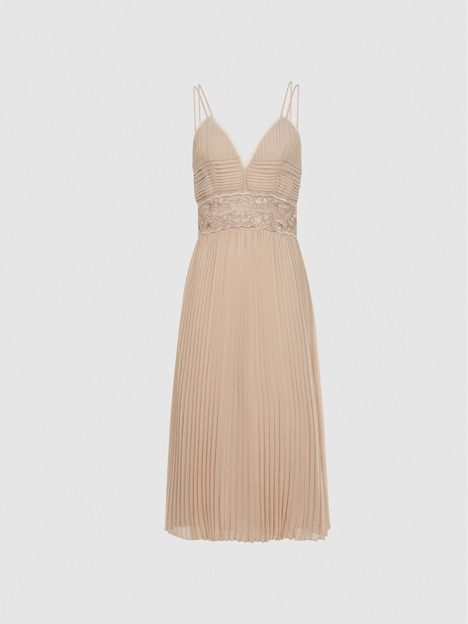 REISS Emma Lace & Pleat Detailed Midi Dress in Nude | endource