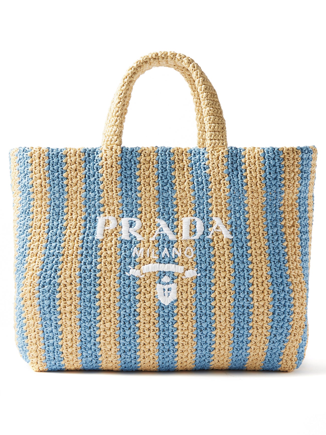 PRADA Striped Woven-Rafia Logo Bag in Beige | endource