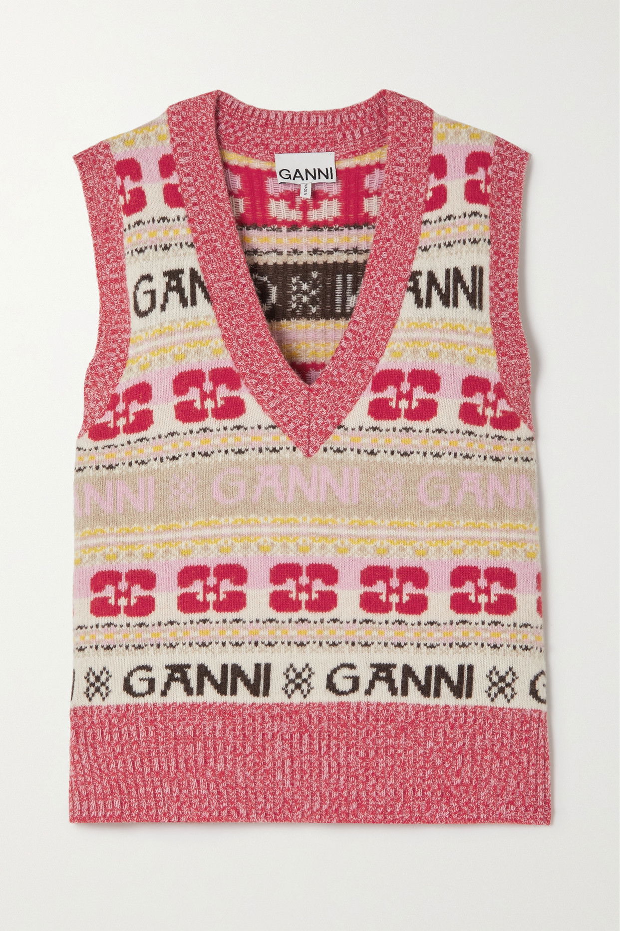 GANNI Intarsia Wool-Blend Vest in Pink | endource