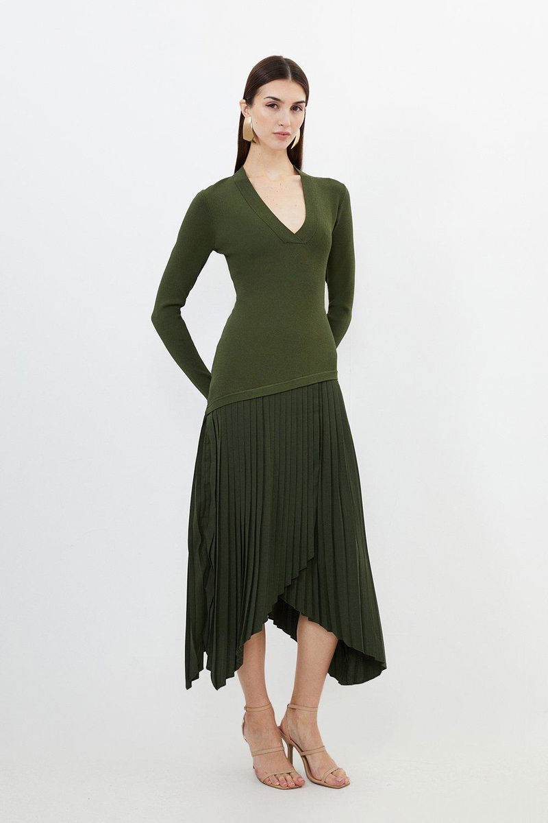Karen Millen Viscose Blend Knit Mix Asymmetric Midaxi Dress In Khaki
