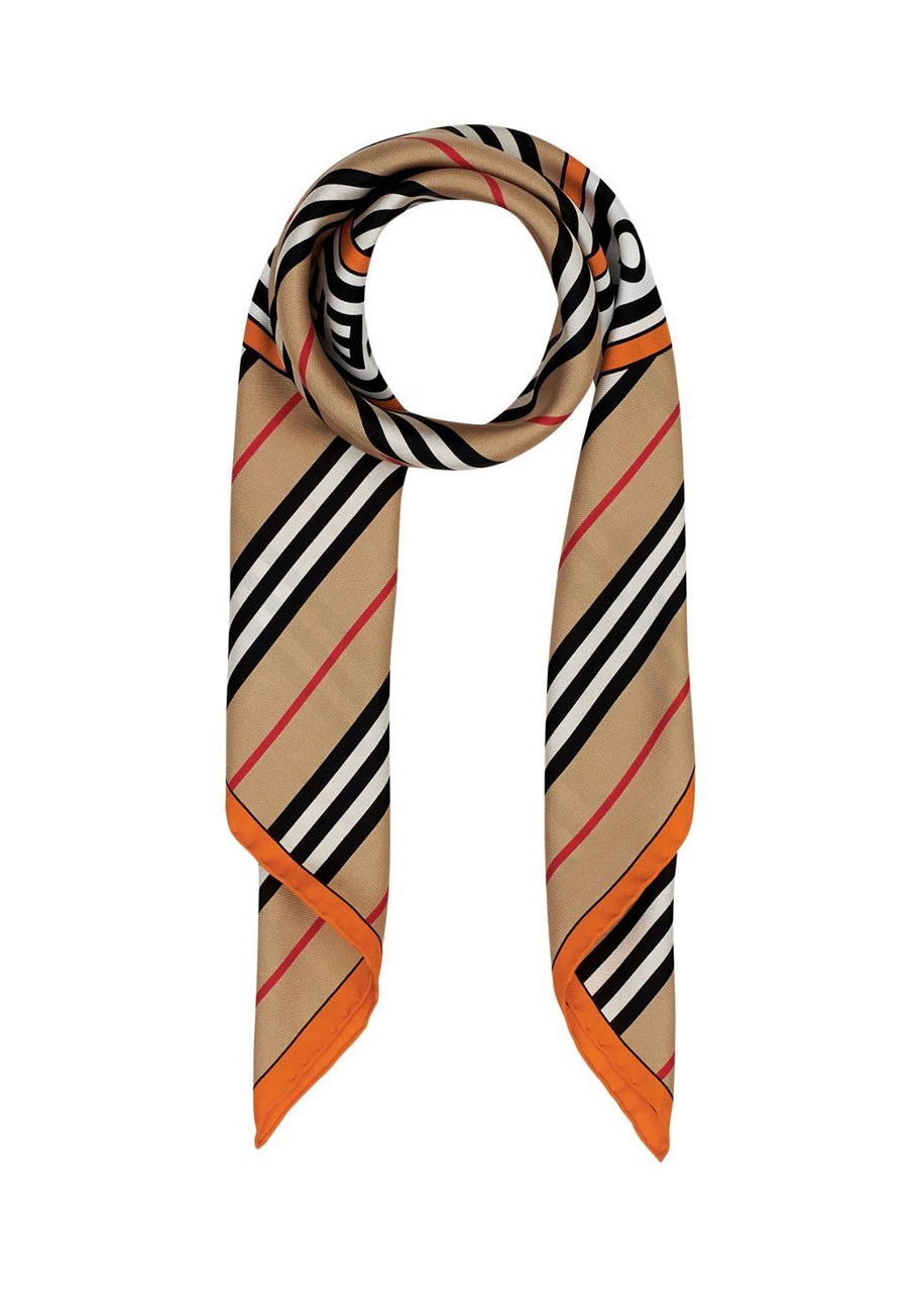 BURBERRY Icon Stripe And Logo Graphic Silk Square Scarf | endource