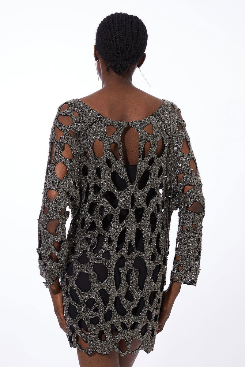 Karen Millen Crystal Embellished Woven Mini Dress In Gun Metal Endource