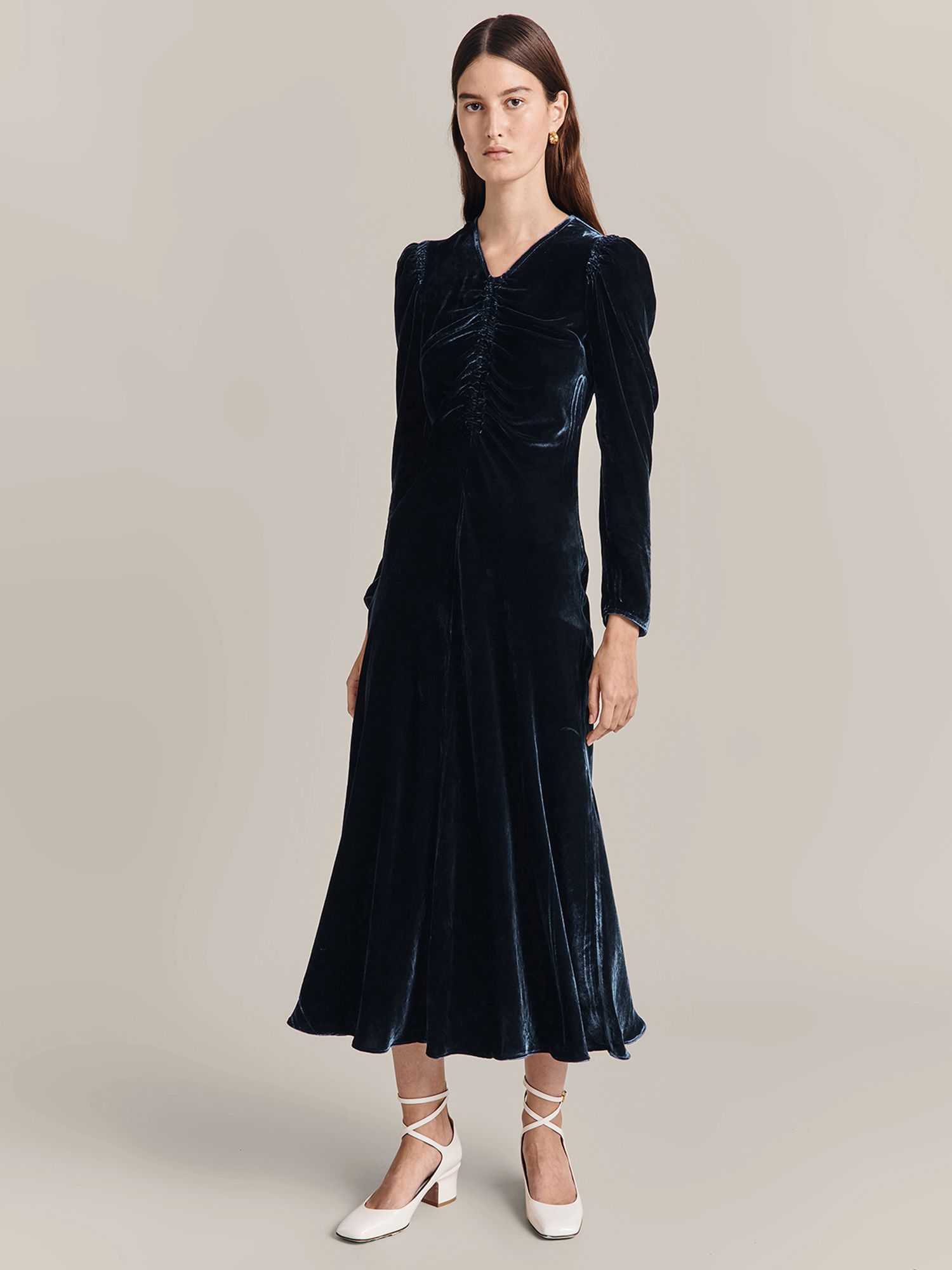 GHOST Polly Velvet Midi Dress in Blue | endource