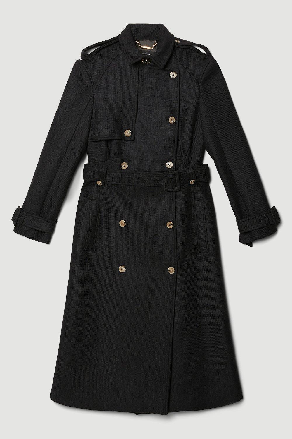 KAREN MILLEN Italian Virgin Wool Strong Shoulder Trench Coat | endource