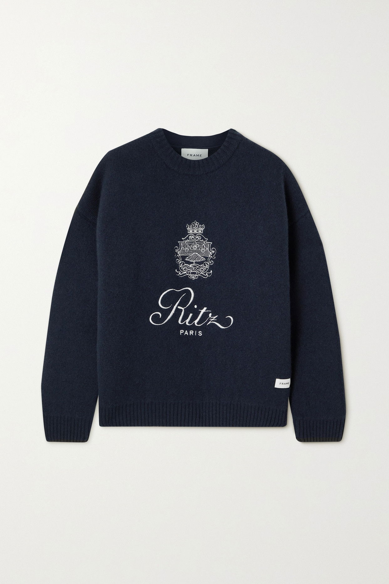 FRAME Frame x Ritz Paris - Embroidered Cashmere Sweater in Blue | endource