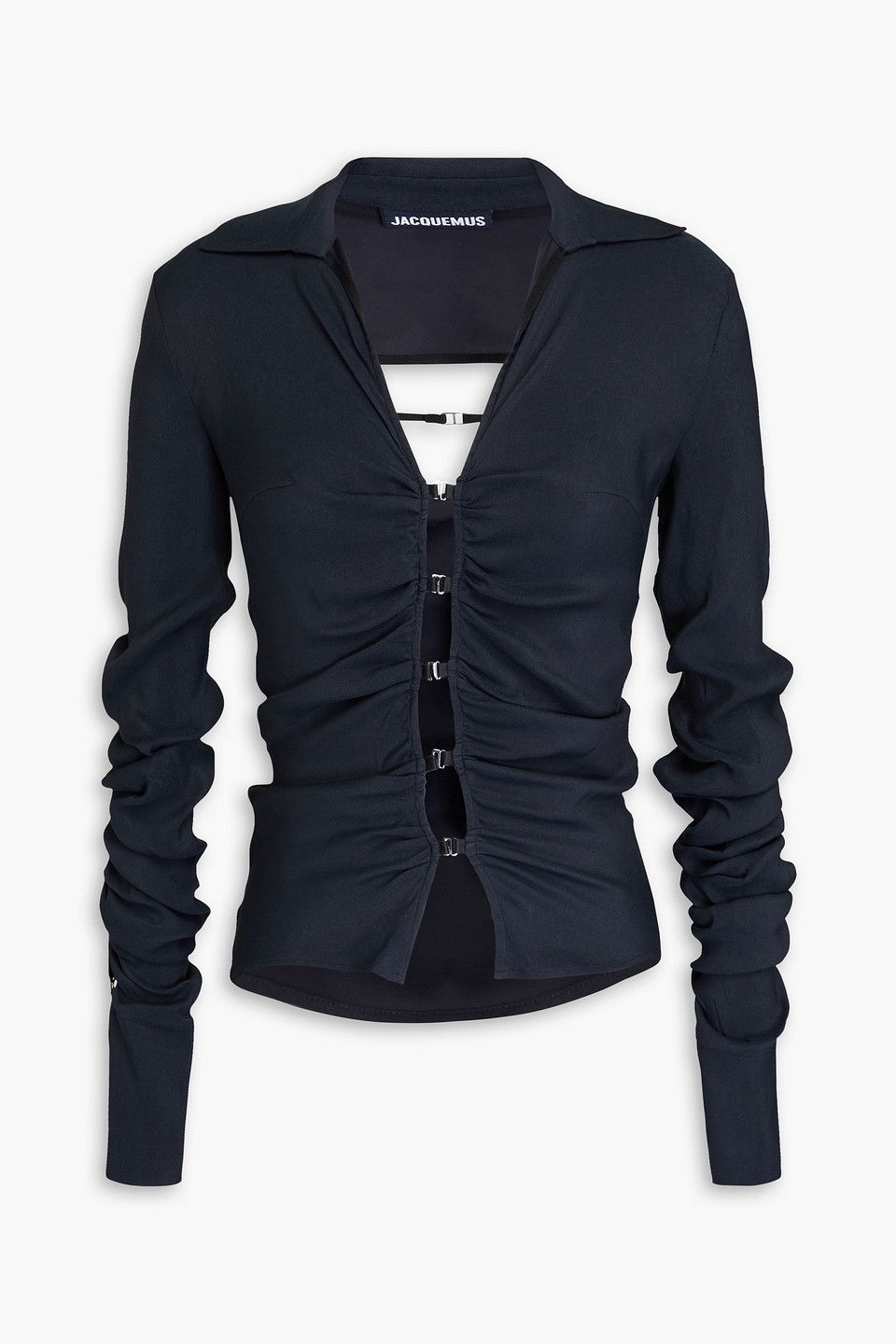 JACQUEMUS Soffo Ruched Cutout Crepe Top in Blue | endource