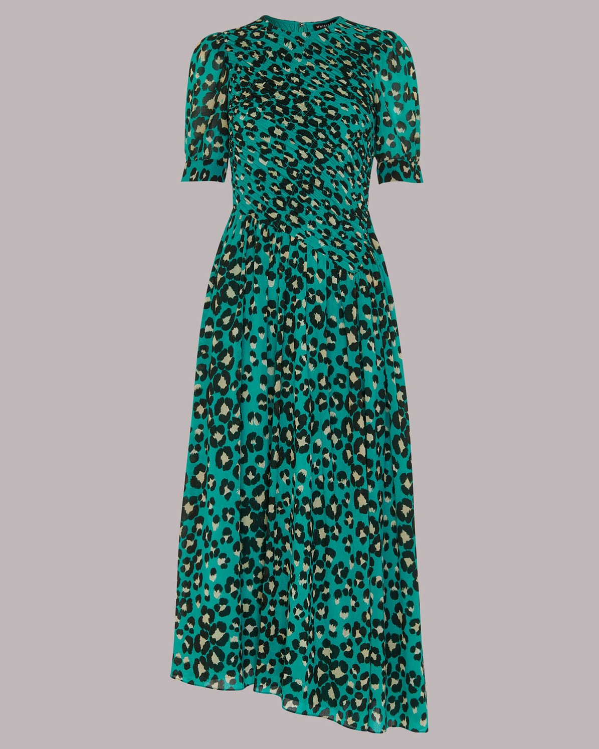 WHISTLES Painted Leopard Shirred Dress in Green/Multi | endource