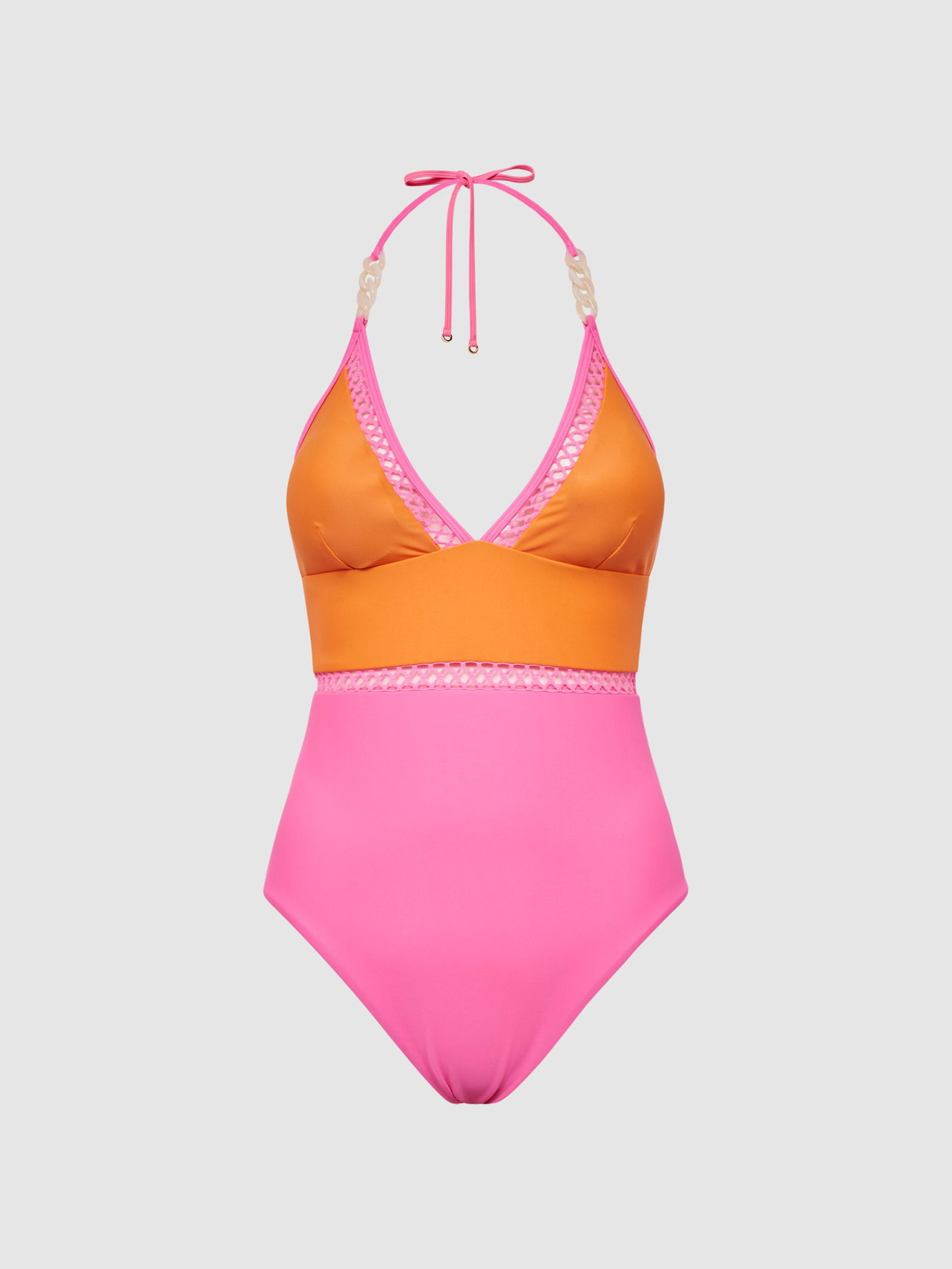 REISS Ray Colourblock Halter Swimsuit in Orange/Pink | Endource