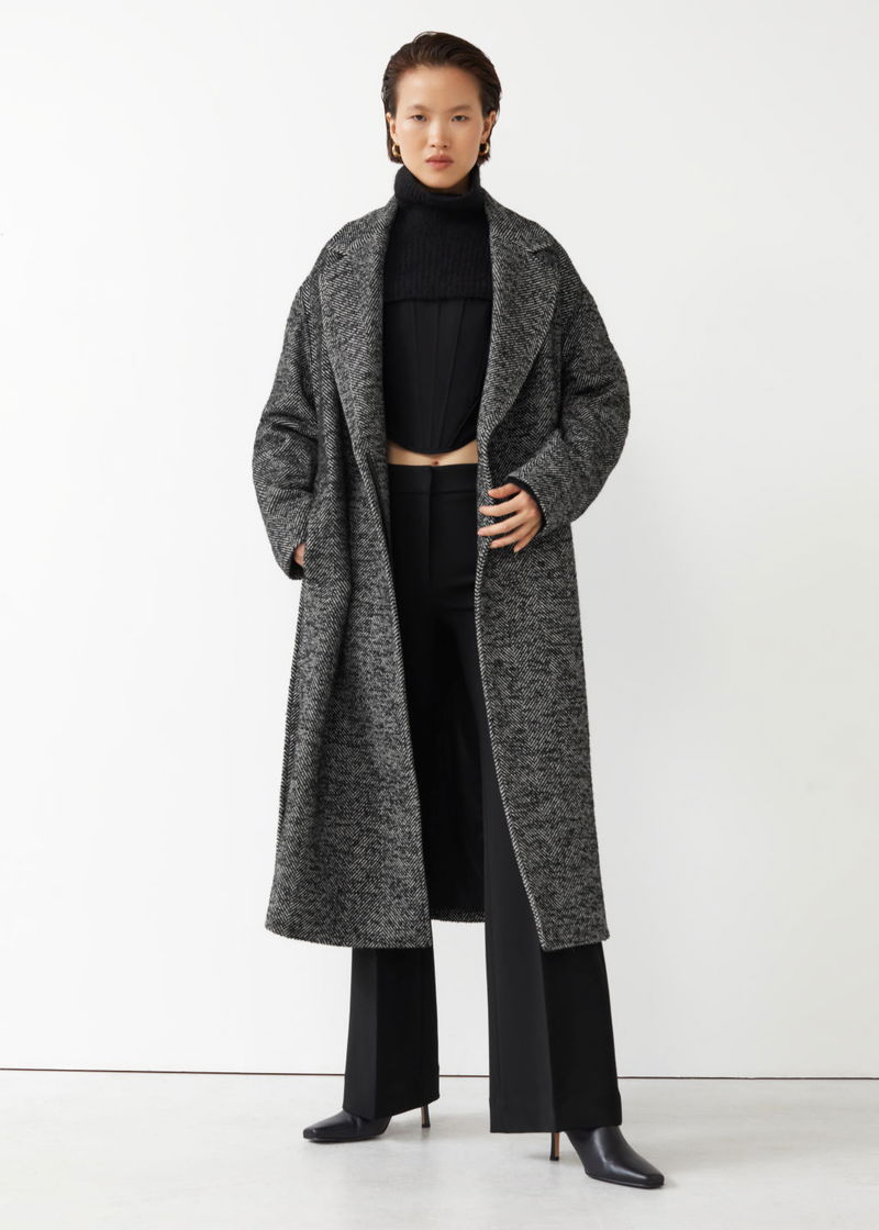 & OTHER STORIES Voluminous Belted Wool Coat in Black Herringbone | endource