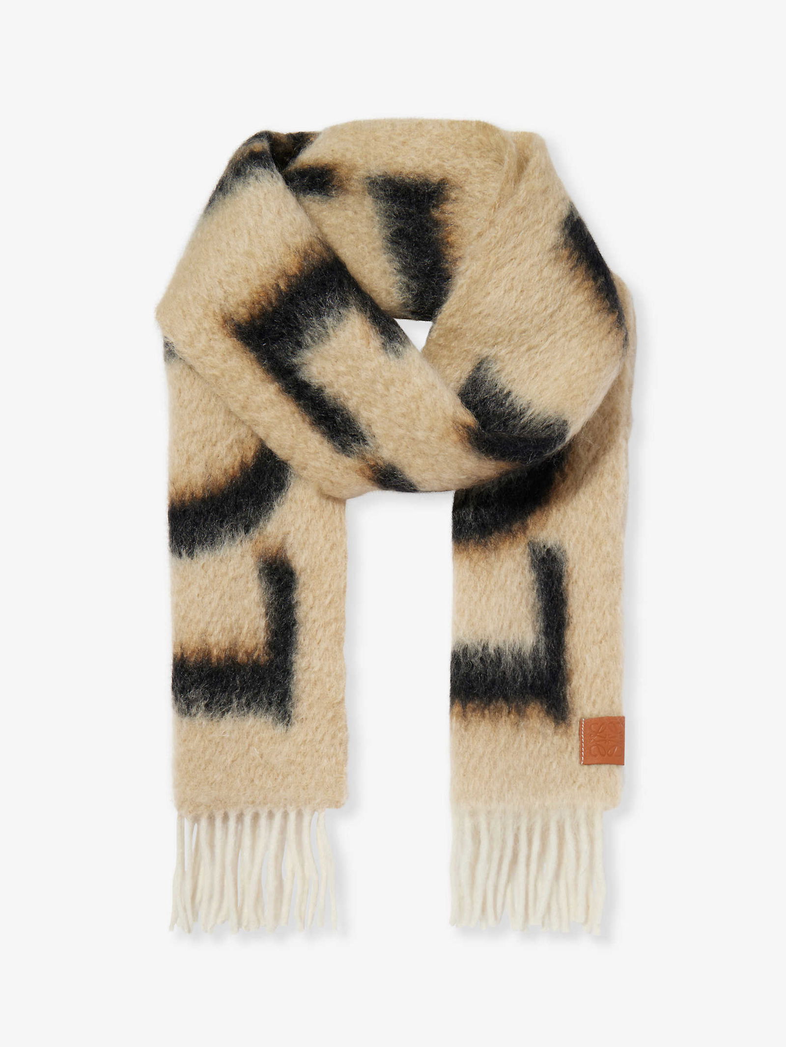 LOEWE Anagram Branded Wool-Blend Scarf in CAMEL/BLACK | endource