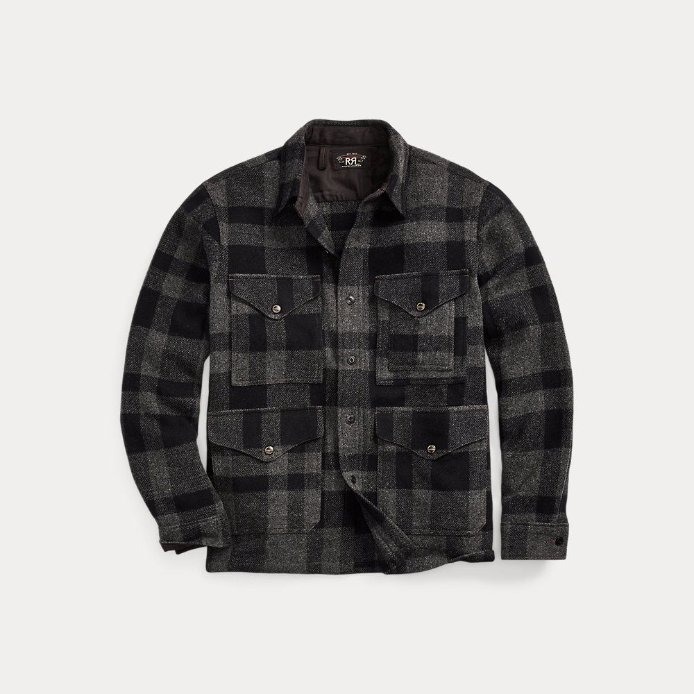 RALPH LAUREN RRL Plaid Wool Twill Utility Overshirt in Black | endource
