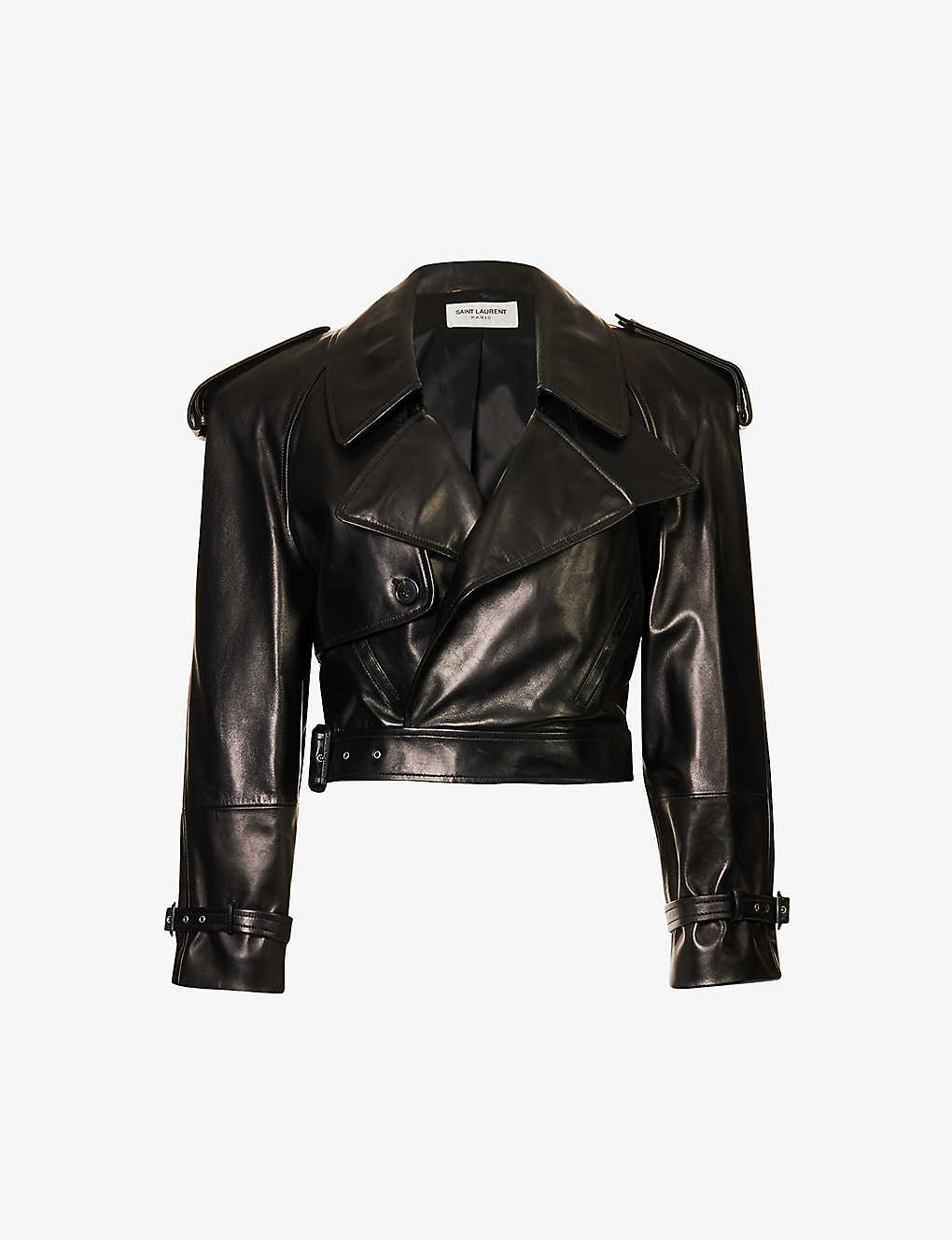 SAINT LAURENT Exaggerated-Shoulder Cropped Jacket in NOIR | endource