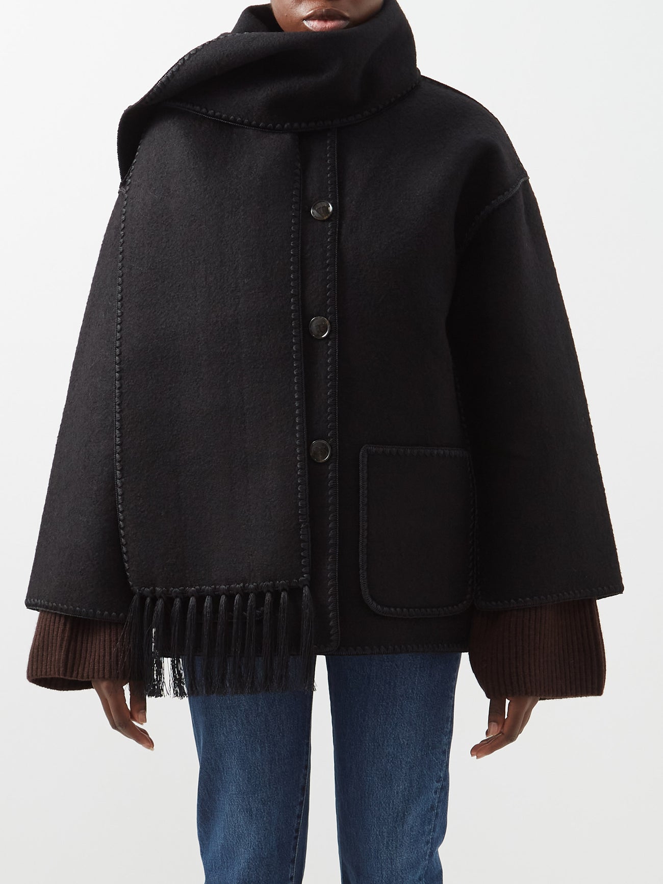 TOTEME Embroidered Scarf-Neck Wool-Blend Jacket in Black | endource