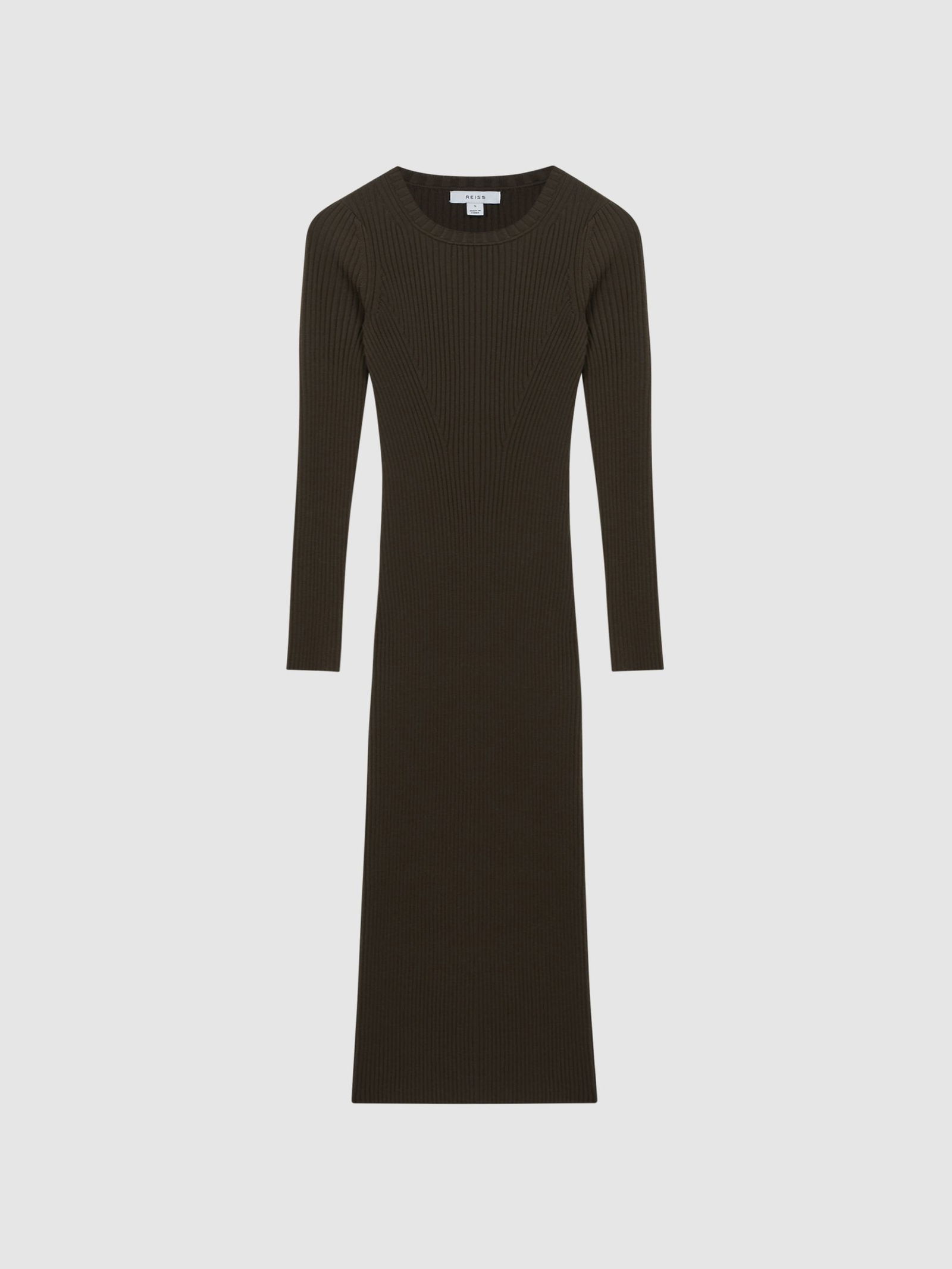 REISS Ashley Ribbed Bodycon Midi Dress in Khaki | endource