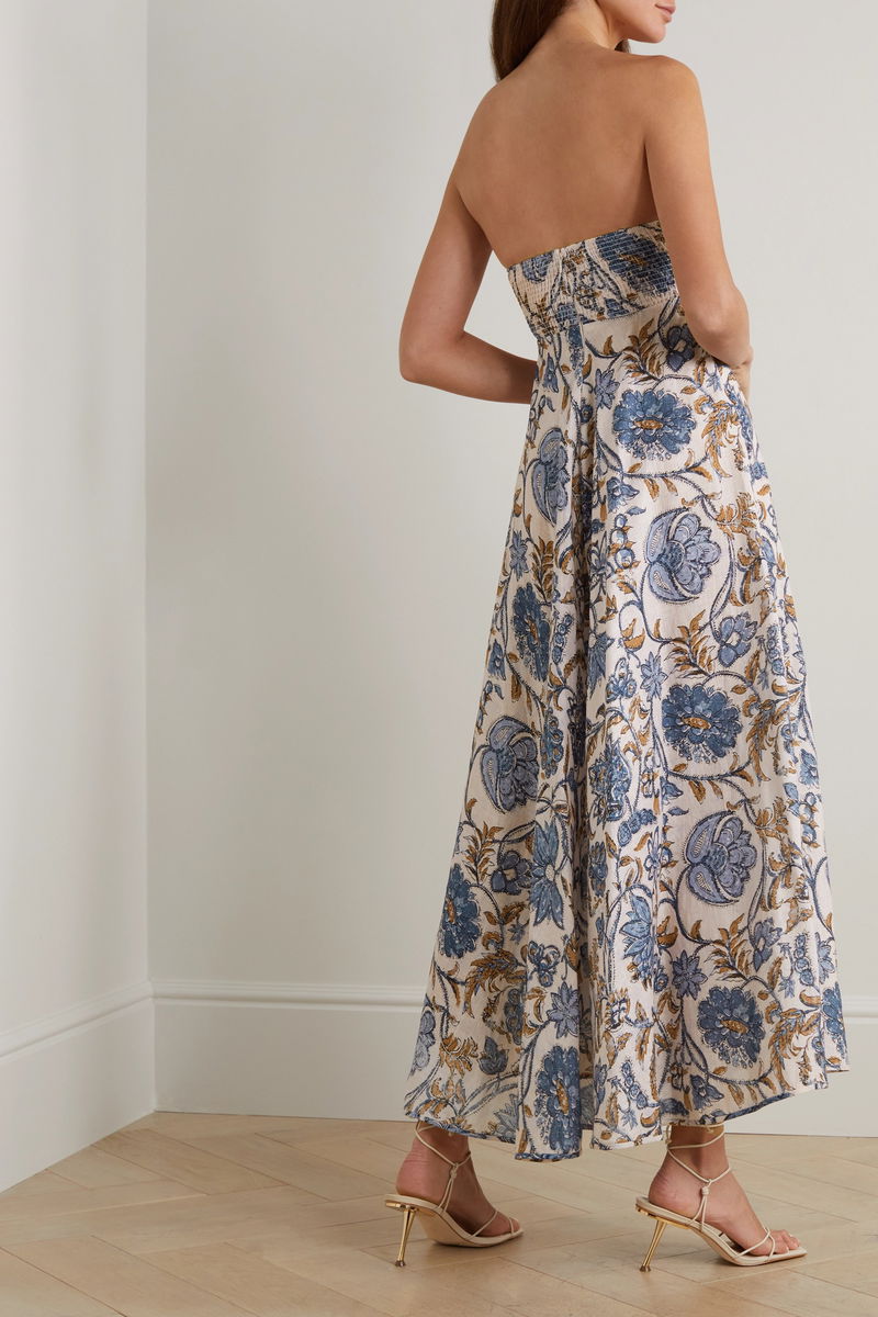 Zimmermann Vitali Strapless Floral Print Linen Midi Dress In Blue