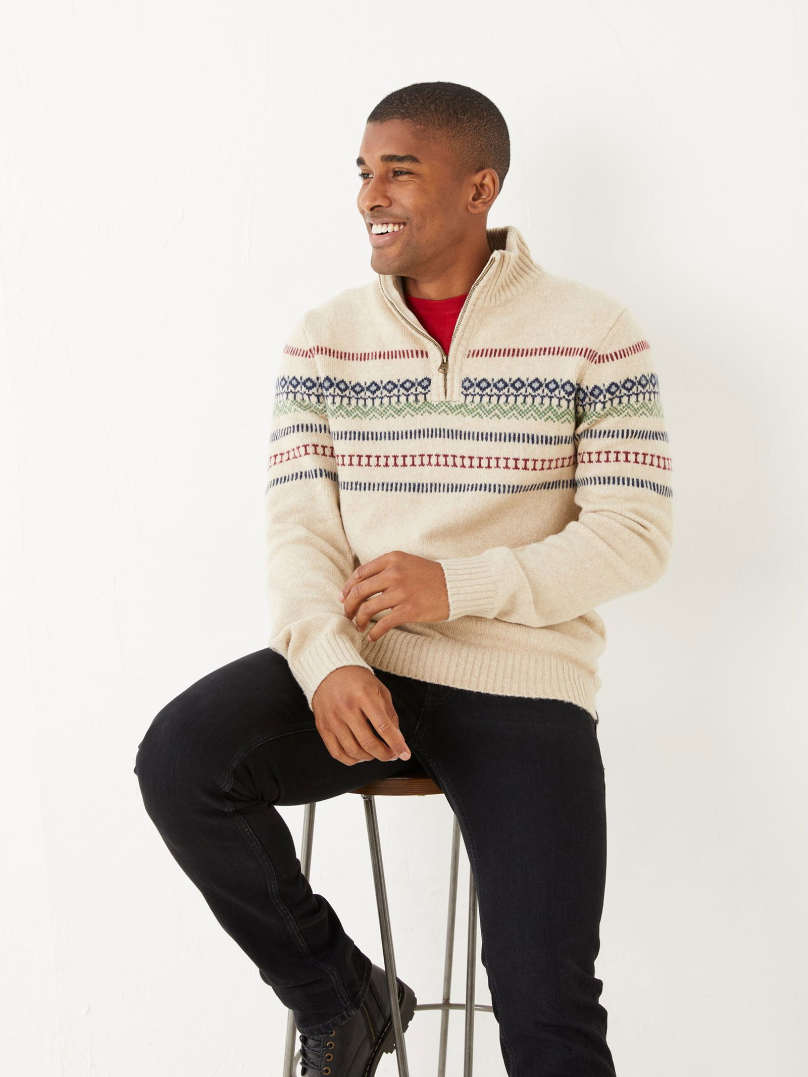 FATFACE Ives Fair Isle Pattern Half Neck Jumper in Oatmeal | Endource
