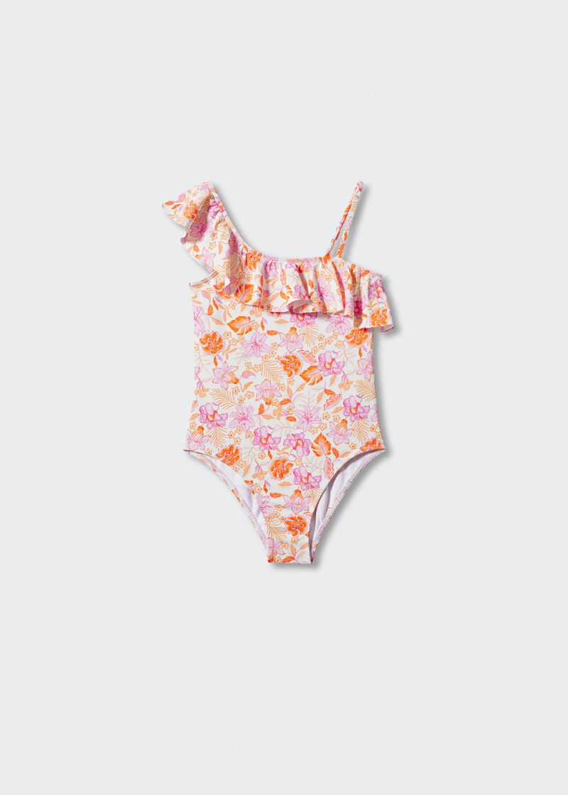 MANGO Floral Print Ruffled Swimsuit in Peach | Endource