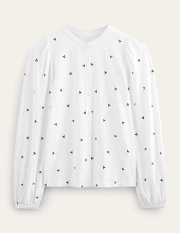 BODEN Embroidered Top in White, Blue Embroidery | endource