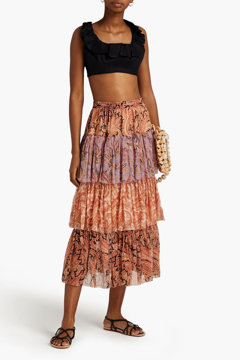 ZIMMERMANN Botanica Tiered Printed Silk-Crepon Midi Skirt in Orange ...
